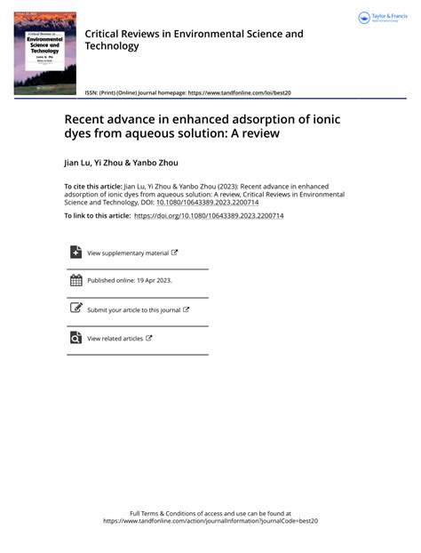 Pdf Recent Advance In Enhanced Adsorption Of Ionic Dyes From Aqueous Solution A Review