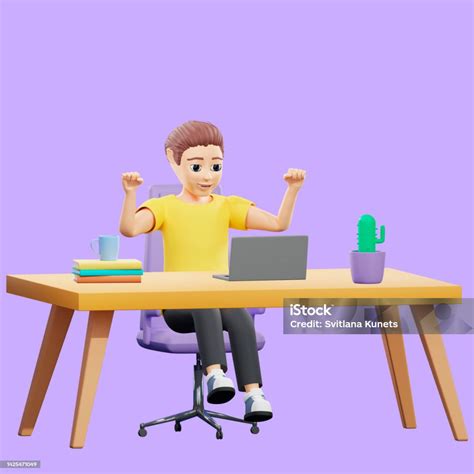 사무실의 책상에서 일하는 남자의 래스터 일러스트레이션 노란 티셔츠를 입은 젊은 남자가 노트북과 뜨거운 음료를 머그잔에 담아