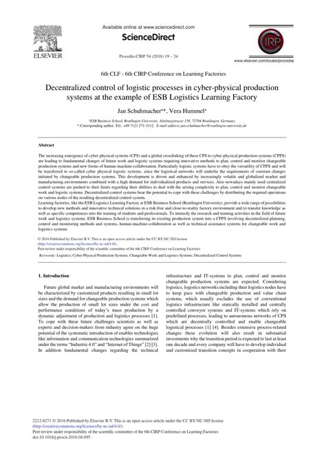 Pdf Decentralized Control Of Logistic Processes In Cyber Physical Production Systems At The