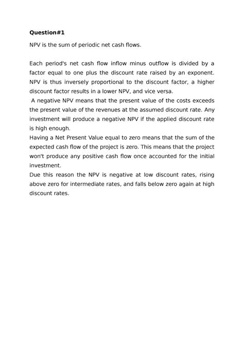 Question 1 Npv Question Npv Is The Sum Of Periodic Net Cash Flows Each Periods Net Cash