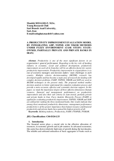 A Productivity Improvement Evaluation Model By Integrating Ahp Topsis And Vikor Methods Under