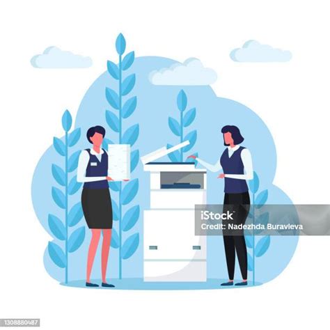 프린터 사무실 다기능 기계와 서류 종이 더미 문서 더미와 바쁜 여자 소녀는 복사기에서 작동합니다 작업자는 스캐너에 복사본을 만듭니다 관료 주의 벡터 설계 컴퓨터 프린터에