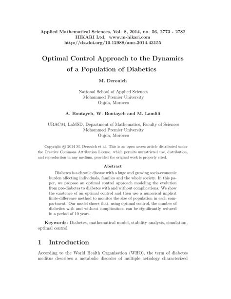Pdf Optimal Control Approach To The Dynamics Of A Population Of Diabetics