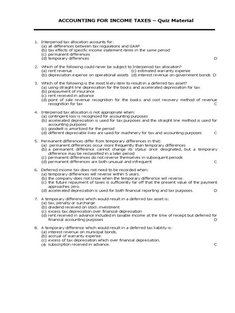 Income Tax Accounting Quiz Material Pdf Deferred Tax Depreciation
