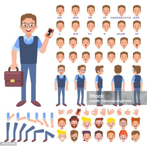 사업 창조와 다양 한 플레이 헤어스타일 입술 Synching 감정 포즈 제스처 설정 등장인물에 대한 스톡 벡터 아트 및 기타