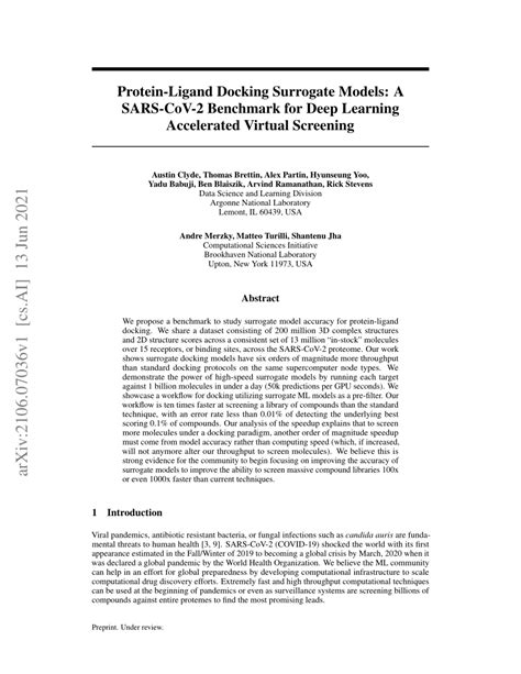 Pdf Protein Ligand Docking Surrogate Models A Sars Cov 2 Benchmark For Deep Learning