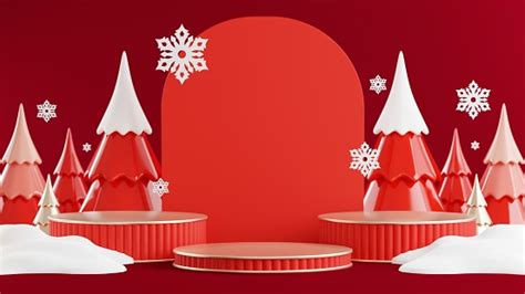 3d 렌더링 일러스트레이션 연단 겨울 크리스마스 축제 크리스마스 트리 산타 클로스 선물 상자 리본 공 눈 제품 판촉 판매 프리젠