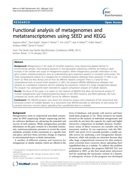 Pdf Functional Analysis Of Metagenomes And Metatranscriptomes Using Seed And Kegg