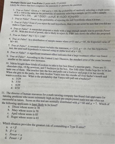 Solved 1 True Or False Given μ 500 And σ 100 The