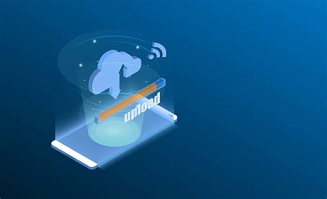 스마트폰 터치스크린 휴대전화가 빛나고 기업 네트워크의 클라우드 스토리지에서 데이터 정보를 업로드 및 다운로드합니다 3d