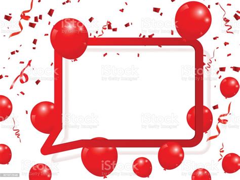 현실적인 풍선 축 하 축제 휴일 파티 디자인 색종이 리본 및 음성 거품 사각형 프레임 배경 개념에 대한 스톡 벡터 아트 및 기타 이미지 Istock