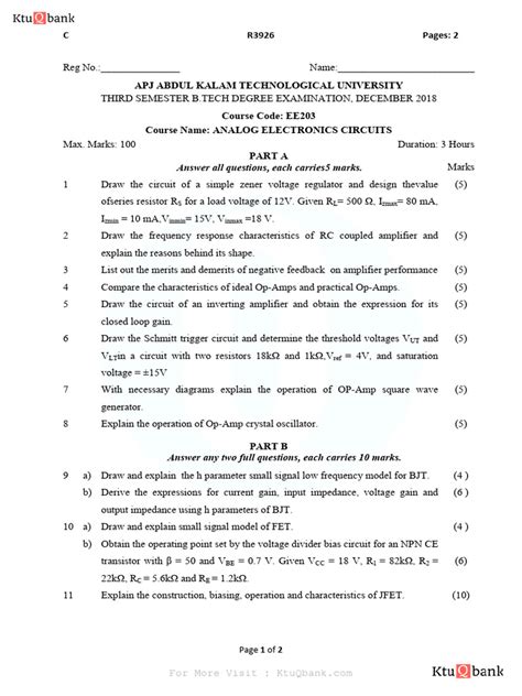 2018 dec ee203 e ktu qbank pdf amplifier operational amplifier