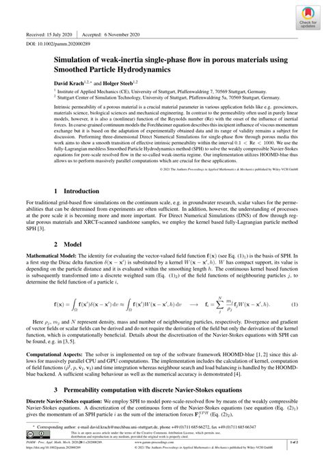Pdf Simulation Of Weak‐inertia Single‐phase Flow In Porous Materials Using Smoothed Particle