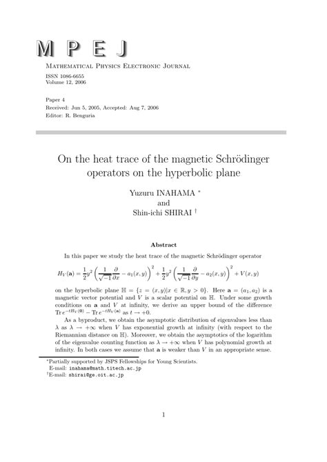 Pdf On The Heat Trace Of The Magnetic Schrödinger Operators On The