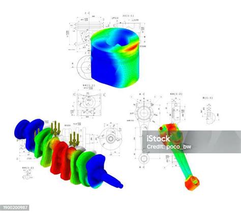 유한 요소 방법 Fem 및 기술 도면 크랭크 샤프트 재료의 피로 및 응력 테스트 3차원 형태에 대한 스톡 사진 및 기타 이미지 3차원 형태 크랭크축 계획 Istock