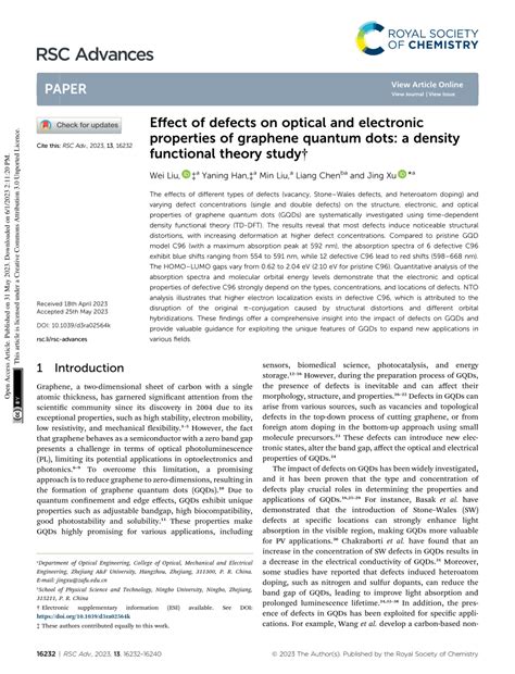 Pdf Effect Of Defects On Optical And Electronic Properties Of Graphene Quantum Dots A Density