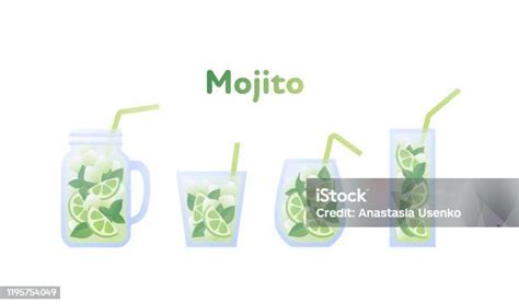 벡터 현대 플랫 모히토 칵테일 일러스트 세트입니다 흰색에 고립 된 텍스트와 고전적인 모히토 음료녹색 유리 알코올 음료 메뉴 광고 레스토랑 카페에 대한 디자인 요소 0명에