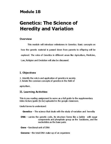 Module 1b Genetics Module 1b Genetics The Science Of Heredity And Variation Overview This