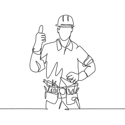 Premium Vector One Line Drawing Of Happy Handyman Wearing Helmet And Carrying Tools Gives