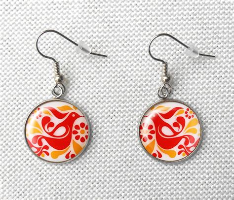 Pyrex Friendship Bird Pattern Surgical Steel Dangle 16mm Earrings