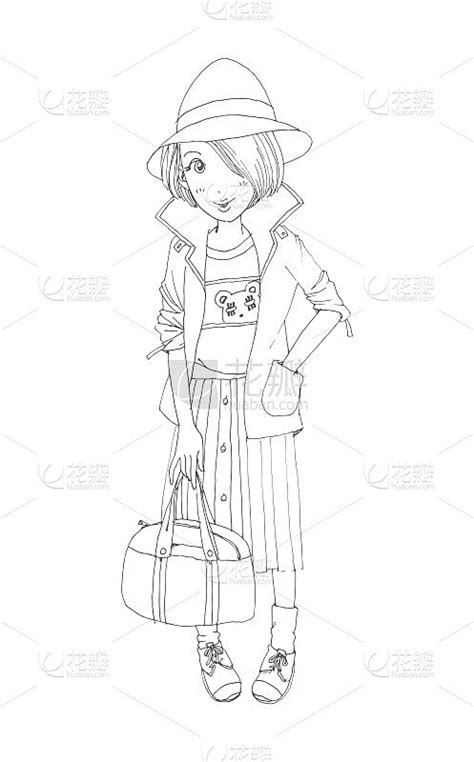 美丽可爱的女孩手绘，快乐少女少女卡通涂鸦女性孤立在白色背景矢量插图素材 花瓣网