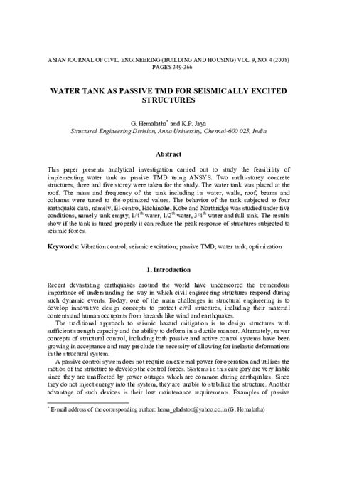 Pdf Water Tank As Passive Tmd For Seismically Excited Structures