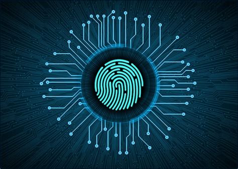 가운데에 지문이 있고 가운데에 회로 기판이 있는 파란색 배경 프리미엄 벡터