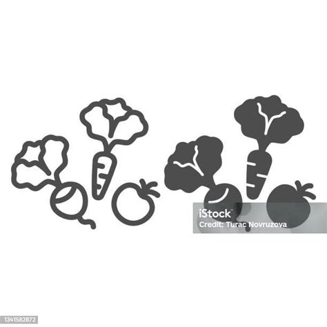 야채 비트 뿌리 당근과 토마토 라인과 단단한 아이콘 원예 개념 흰색 배경에 채소 벡터 기호 모바일 개념 및 웹 디자인을위한 윤곽 스타일 아이콘 벡터 그래픽 10에 대한 스톡