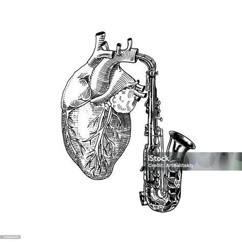 빈티지 스타일의 심장 음악 재즈 색소폰 손으로 그린 그런 지 문신이나 티셔츠 또는 목판화를위한 스케치 블루스 포스터 또는 배너에 대한 빈티지 벡터 일러스트레이션 에칭에 대한