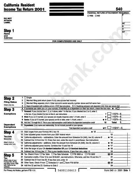 Form 540 California Resident Income Tax Return 2001 Printable Pdf Download