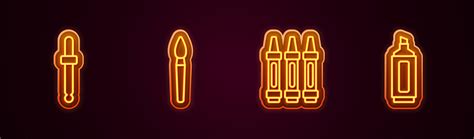 세트 라인 스포이드 색상 선택기 팔레트 페인트 브러시 그리기용 왁스 크레용 및 마커 펜 빛나는 네온 아이콘입니다 벡터 교육에