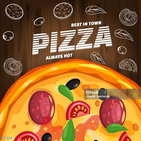 나무 배경 패스트 푸드 최고보기 템플릿 전단지 배너에 재료와 텍스트 피자 피자 이탈리아어 음식 메뉴 또는 길거리 음식 포스터 디자인 인쇄 웹을위한 벡터 일러스트레이션 0명에