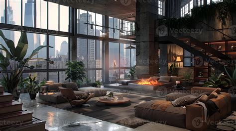 Luxurious Penthouse Apartment With Panoramic City Skyline View And Cozy Minimalist Interior