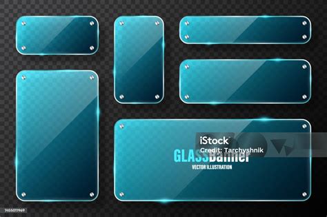 금속 홀더가있는 사실적인 유리 프레임 플레어와 하이라이트가있는 파란색 투명 유리 배너 광택있는 아크릴 판 가벼운 반사와 텍스트를