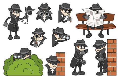 탐정 범죄를 조사하는 만화 스파이 캐릭터 망토와 선글라스를 착용한 경찰관 사립 탐정 수사관이 염탐하고 숨어있고 관찰합니다 벡터 마스코트 형사에 대한 스톡 벡터 아트 및 기타