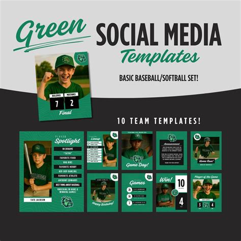 Green Baseball Softball Social Media Templates Canva Pro Bundle