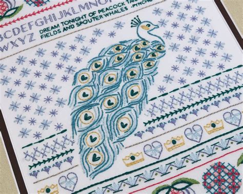 Traditional Sampler Peackock Embroidery Pattern Pre Printed Fabric Panel By Stitched Stories 14 Traditional Sampler Peackock Embroidery Pattern Pre Printed Fabric Panel By Stitched Stories 14