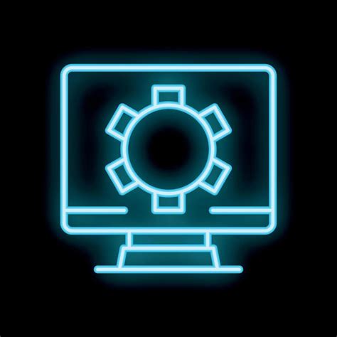neon blue computer screen displaying settings gear icon on black