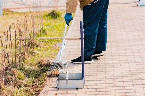 금속 국자가 바닥에 서 있고 관리인은 배경에 철 빗자루로 포장 도로를 청소합니다 빗자루 거리 위생 잔디 청소 노동자 직업 거리 야외 도시 거리에 대한 스톡 사진 및 기타