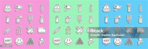 세트 라인 페인트 스프레이 건 종이 접착 스티커 마커 펜 캔 학교 배낭 및 스프레이 노즐 캡 아이콘 벡터 Brand Name