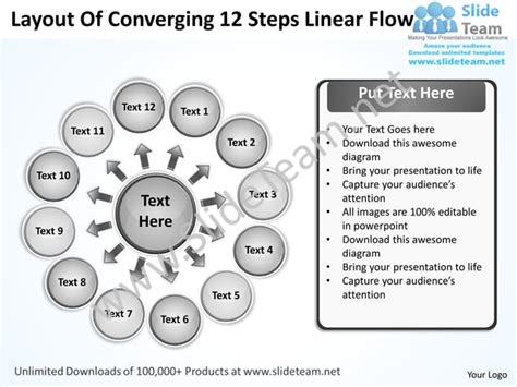 layout of converging 12 steps linear flow cycle chart power point