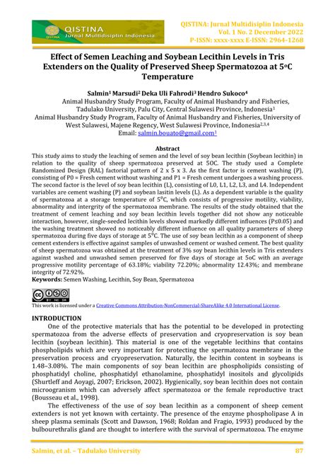 Pdf Effect Of Semen Leaching And Soybean Lecithin Levels In Tris Extenders On The Quality Of
