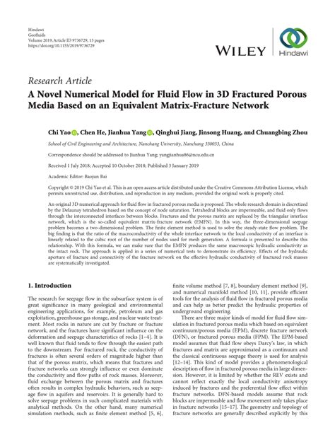 Pdf A Novel Numerical Model For Fluid Flow In 3d Fractured Porous Media Based On An Equivalent