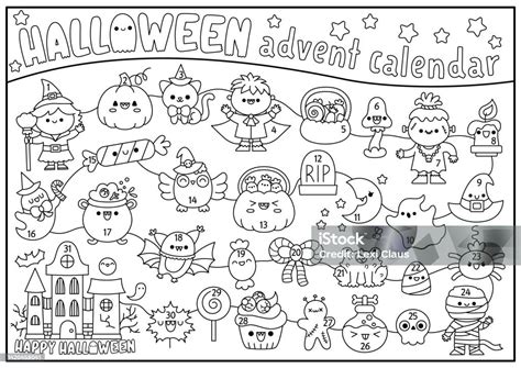 벡터 흑백 할로윈 출현 달력과 귀여운 카와이 문자 귀여운 가을 모든 성인의 날 색칠 플래너 또는 아이들을위한 미로 무서운 트릭 또는 치료 포스터 디자인 할로윈에 대한 스톡