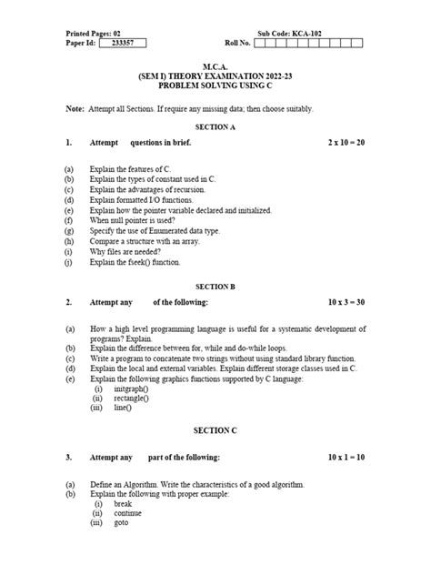 Mca 1 Sem Problem Solving Using C Kca 102 2023 Pdf