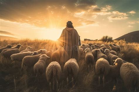 A Bible Jesus Shepherd With His Flock Of Sheep During Sunset