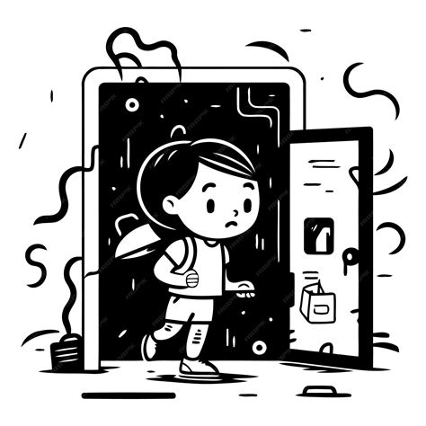 Un Dibujo Animado De Un Niño Saliendo Por La Puerta Vector Premium