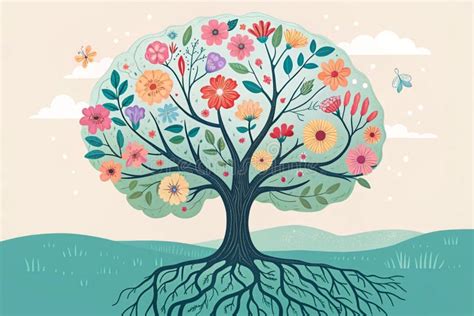 Human Brain Tree With Flowers Self Care And Mental Health Concept