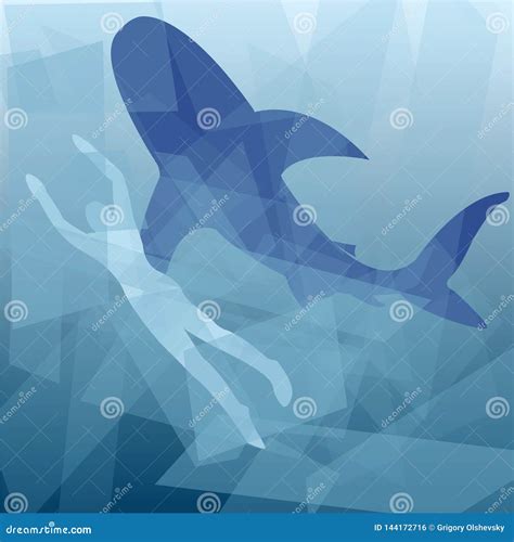 silhouettes of diver and shark polygon texturing stock illustration