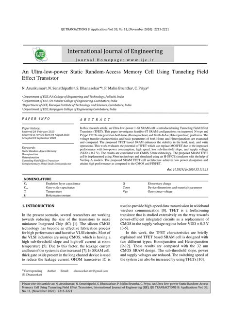 Pdf An Ultra Low Power Static Random Access Memory Cell Using Tunneling Field Effect Transistor